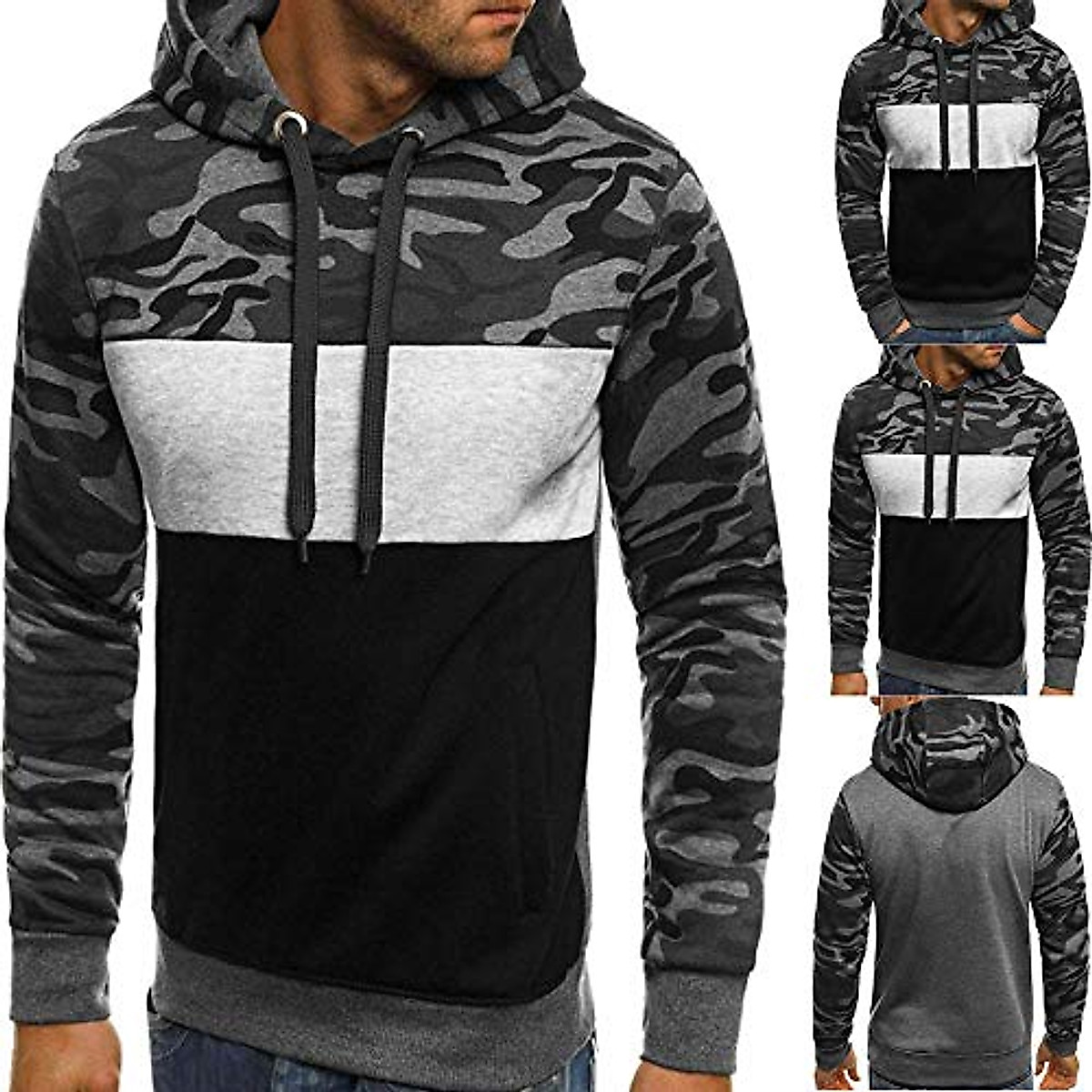Hoodies for Men Thenlian Mens Camouflage Plus Size Pullover Long Sleeve Hooded Sweatshirt Tops Blouse(Dark Gray, L)