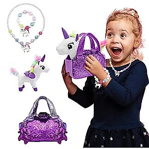 PASSIONFRUIT Unicorn Stuffed Plush Animal Toy Set with Purse Necklace & Bracelet - Plush Unicorns Birthday Gifts for Girls - Unique Rainbow Unicorn Stuffed Pet for Age 3 4 5 6 7 yrs. (Purple)