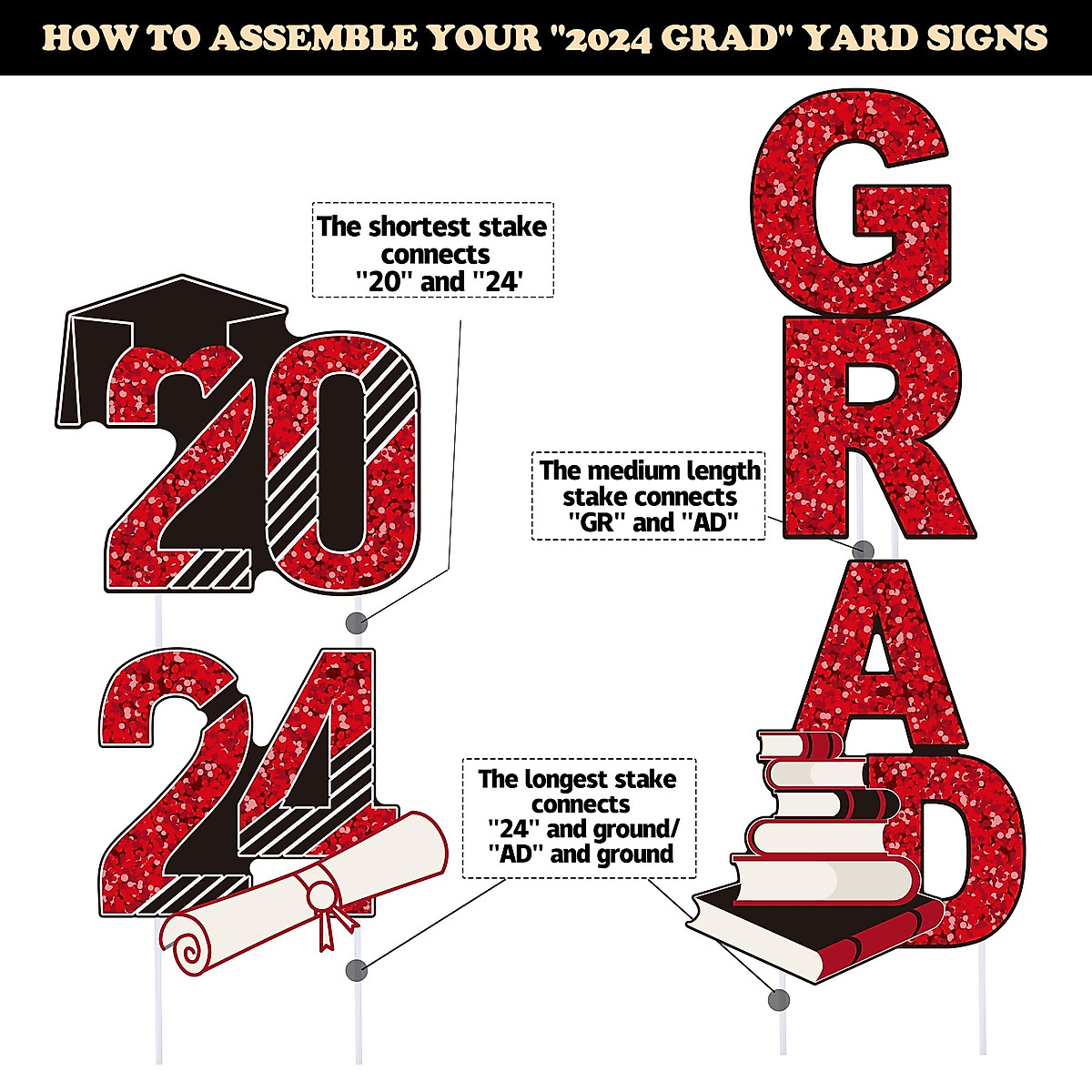 URATOT Red ''2024 GRAD'' Yard Signs Including 4 Pieces Glittering Graduation Yard Signs with 8 Pieces Stakes Party Outdoor Decorations, Waterproof Lawn Decor, Graduation Party Supplies
