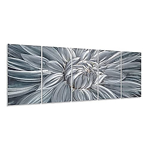 Yihui Arts Silver Metal Flower Wall Art, 5 Pieces Aluminum Artwork, Contemporary Botanical Sculpture for Living Room Bedroom Bathroom Decor