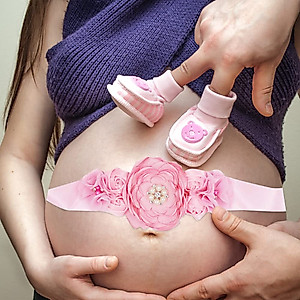 Pink Baby Shower Sash and Pin, Maternity Sash and Mommy Daddy Corsage Set Girl, Pearls Flowers Pregnant Sash Belt, Mom and Dad to be Badge Tinplate for Gender Reveal Party