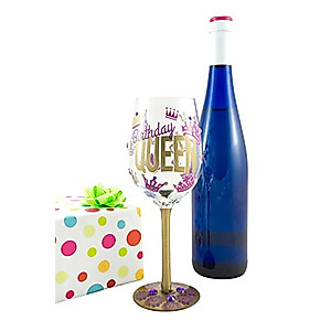Top Shelf “Birthday Queen” Decorative Wine Glass ; Funny Gifts for Women ; Hand Painted Purple and Gold Design ; Unique Red or White Wine Glasses