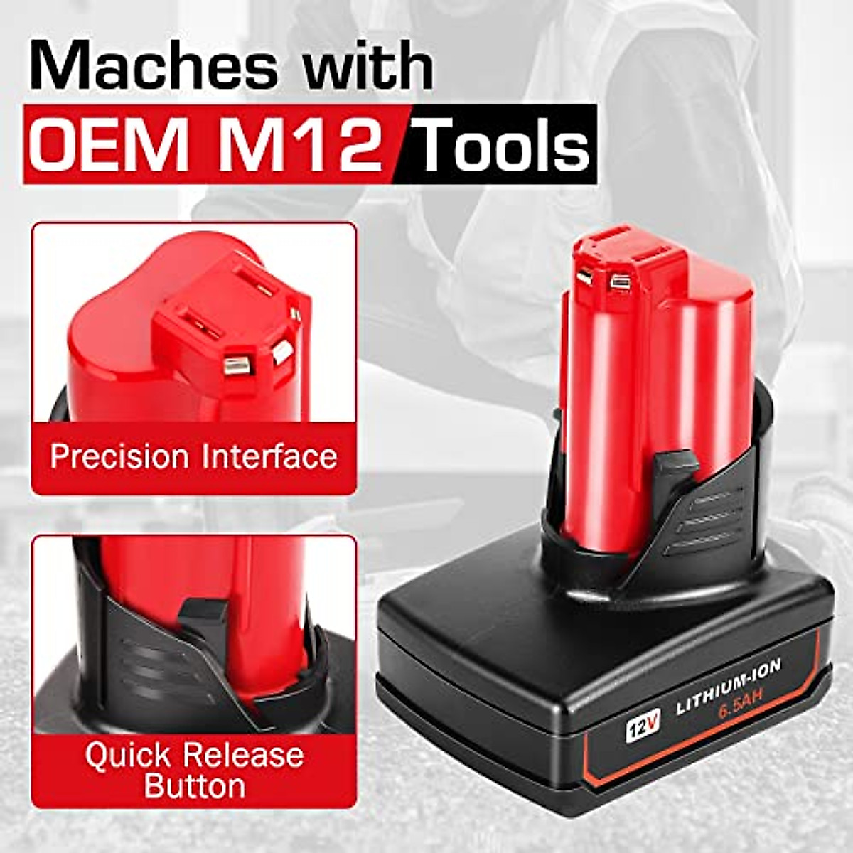 Touyeet 2 Pack 6.5 Ah 12V Lithium Battery Replacement for Milwaukee M12 12V Tools Battery, Compatible with 48-11-2401 48-11-2411 48-11-2420 48-11-2440 48-11-2410 Cordless Tools 12 Volt Battery