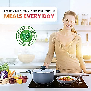 Mueller Pots and Pans Set Nonstick 16-Piece Healthy Stone Kitchen Cookware Sets - PFOS, PFOA Free, Stainless Steel Steamer, Butter Warmer, Deep Fry Pan, Sauce Pan, Pot, Vented Glass Lids, Light Grey