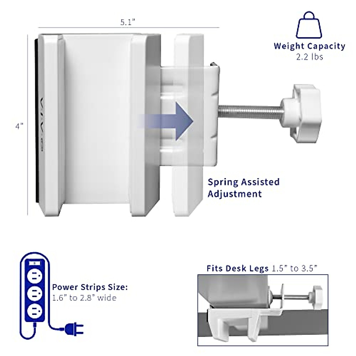 VIVO Clamp-on Power Strip Mount for Desk Leg, Under Desk Office Cable Management Organizer, Spring-Assisted Cord Holder, White, DESK-PS01LC