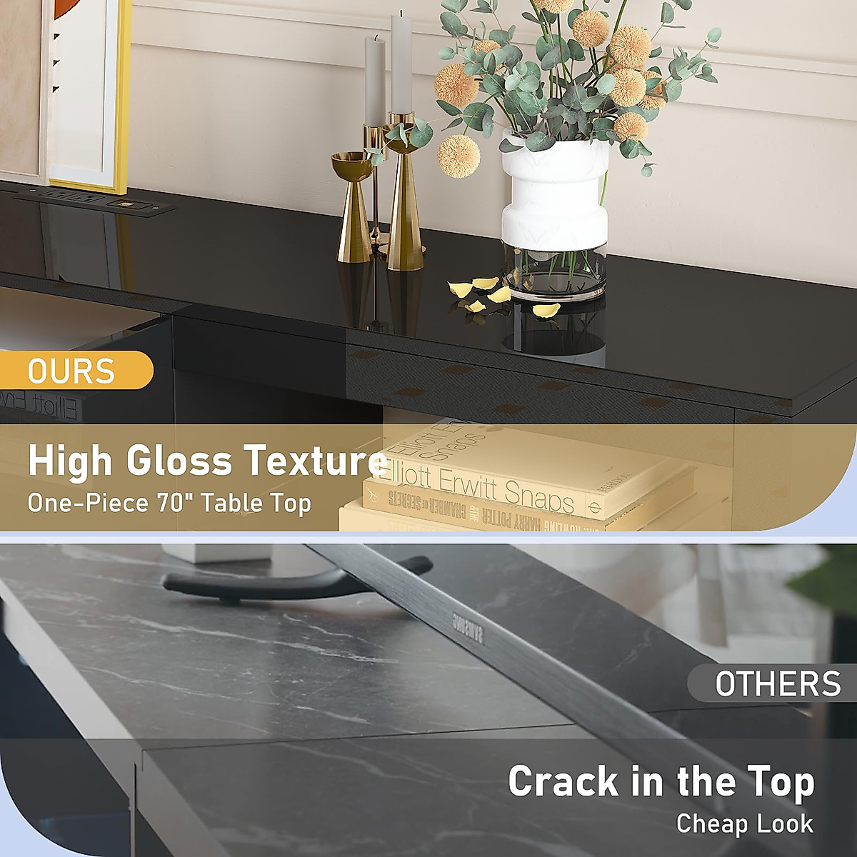 Vinctik 6&Fox 70 Inch Led TV Stand for 80/75 Inch TV, Modern Black Entertainment Center with Adjustable Glass Shelves Two Cabinets, Gaming High Gloss TV Stand with Led Light for Living Room,Black