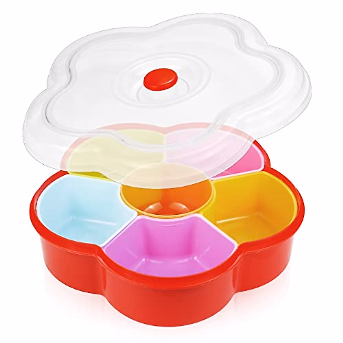 Hslife Separable Colored Flower Shaped Fruit Bowl Snacks Bowl, Candy and Nut Serving Container Appetizer Tray with Lid, 6 Compartment Plastic Food Storage Organizer