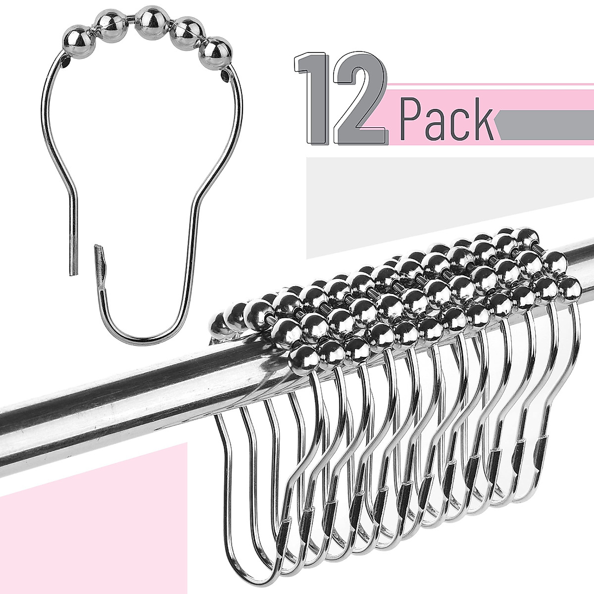Slick- Shower Curtain Rings, 12 Pack, Shower Curtain Hooks, Shower Rings, Shower Curtain Hooks Rust Proof, Shower Rings for Curtain, Silver Shower Curtain Hooks, Shower Curtain Hangers
