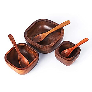 Tiny Acacia Wood Nesting Square Set 3 Serving Bowl 3¾”, 2¾”, 2⅛” Small 3 Wooden Spoon Mix size Stackable little Dish for Prep Salt Pepper Mustard Wasabi Dip sauce Salsa Nut Tableware Wooden Nest Bowl