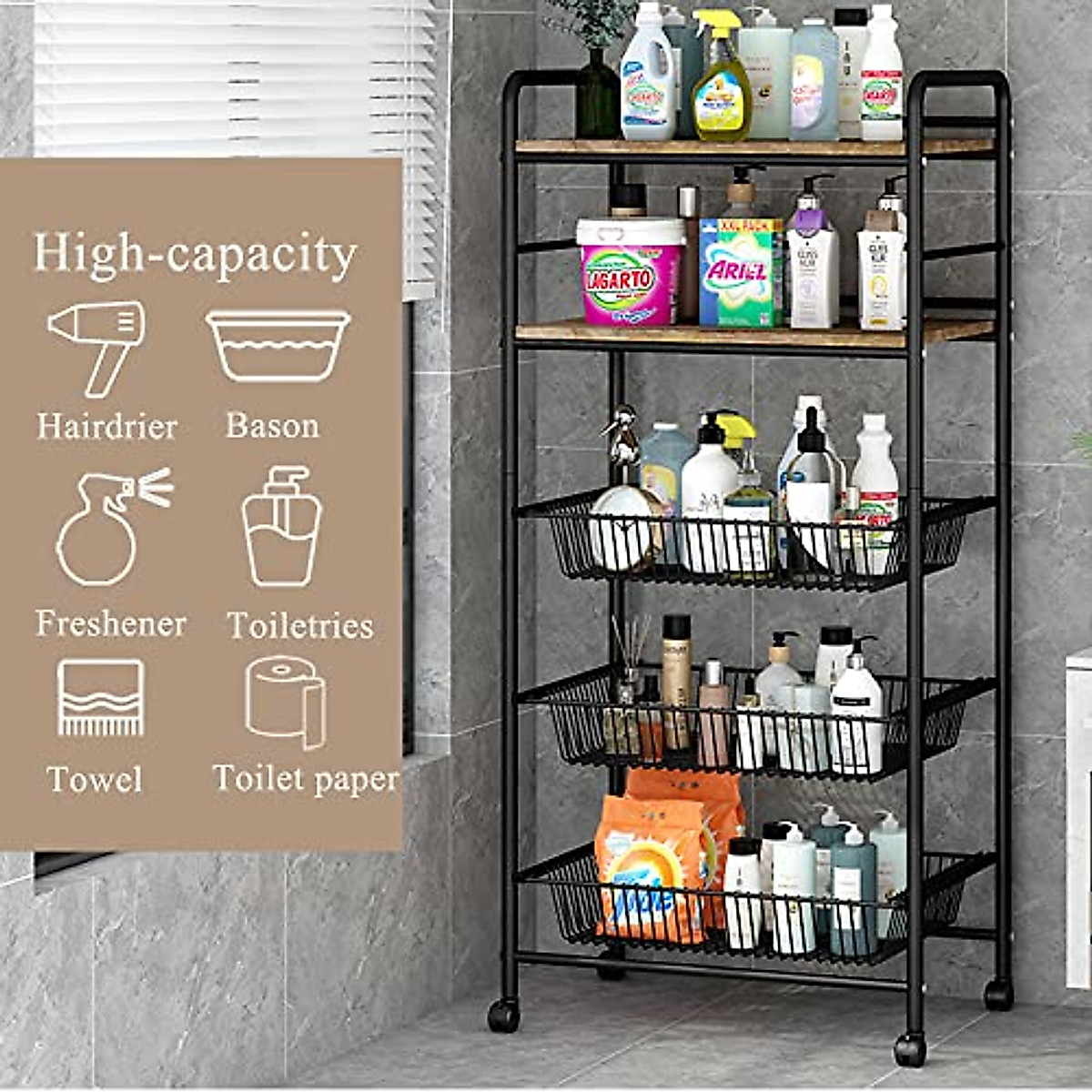 MOAMUN Kitchen Storage Rolling Cart 5-Tier Kitchen Rack Metal Standing Shelf Storage Shelving Unit Organizer for Kitchen Bathroom Garage Pantry
