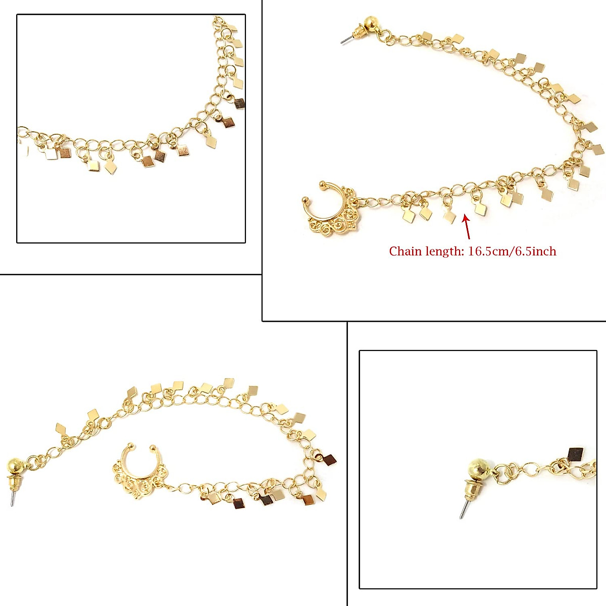 Honbay Body Jewelry Fake Septum Ring Non Piercing Nose Rings with Chain Nose to Ear Chain with Tassel (Gold)