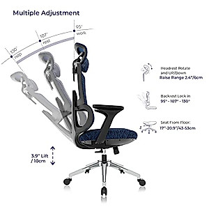 Dripex Ergonomic Office Chair Mesh Computer Desk Chairs with Lumbar Support/Adjustable Headrest/Cushioned Seat/Breathable High Back/Wheels Arms, Swivel Rolling Task Chair for Home Office (Blue)