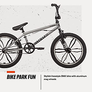 Mongoose Legion Mag Kids Freestyle Sidewalk BMX Bike, Beginner Riders, Girls and Boys, 20-Inch Stylish Aluminum Mag Wheels With 4 Axle Pegs, Hi-Ten Steel Frame, Micro Drive 40x16T BMX Gearing, Silver