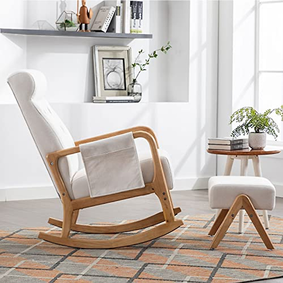 Neylory Rocking Chair Nursery, Mid-Century Modern Upholstered Fabric Rocking Chairs with Ottoman, Nursery Glider with Thick Padded Cushion, High Backrest Glider Rocker for Living Room (Beige)