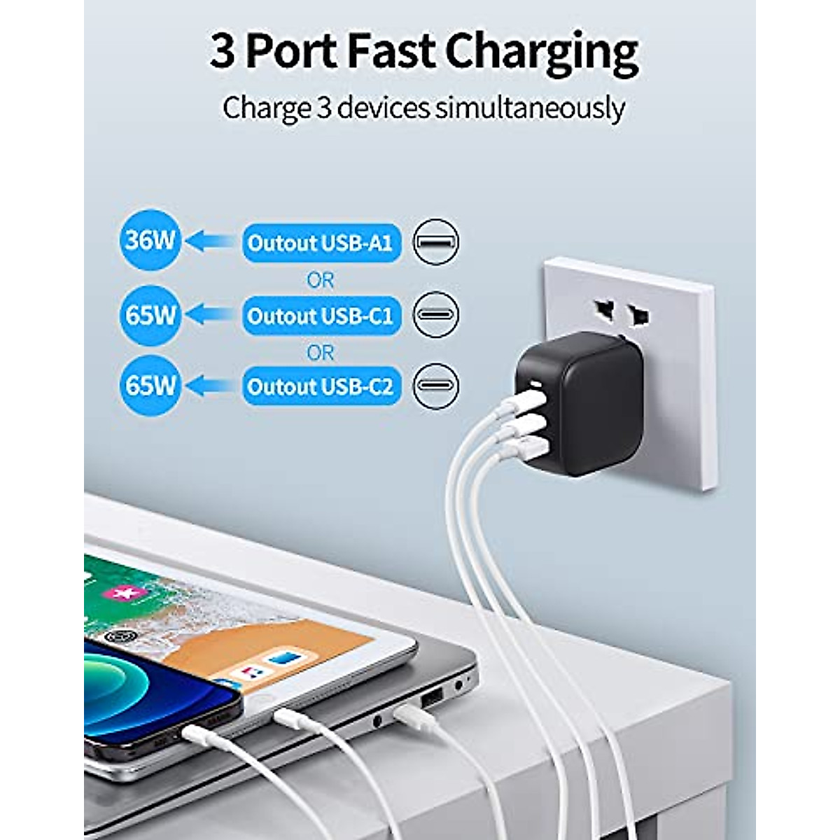 USB C Charger, Hadisala 66W 3-Port GaN Fast USB C Wall Charger, Foldable USB C PD3.0 Power Adapter, Portable Travel Charger Block for iPhone 13 Pro Max Mini/MacBook Pro/iPad, Galaxy, Pixel and More