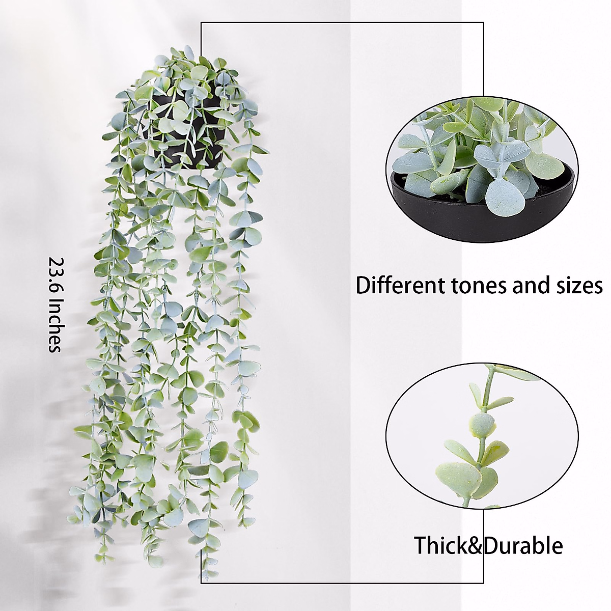 BACAMA Fake Hanging Plants Eucalyptus Potted Artificial Plant Small Faux Ivy Vines Decor for Floating Shelf Kitchen Bathroom Cabinets Indoor Outdoor Pack of 2 23.6 Inches Long