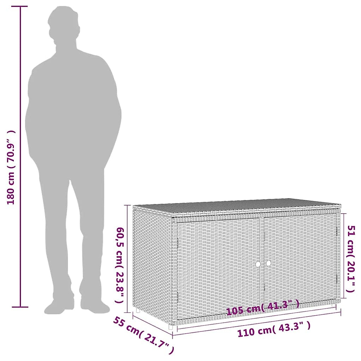 vidaXL Patio Storage Cabinet in Black – Outdoor Poly Rattan Organizer with Robust Steel Frame for Garden, Deck, Poolside – 43.3"x21.7"x23.8"