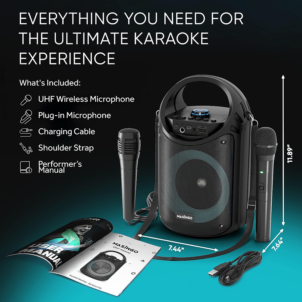 MASINGO Karaoke Machine for Kids and Adults with 1 Wireless Karaoke Microphone and 1 Wired Mic, PA Portable Speaker with LED Lights, Supports TF Card/USB, AUX/MIC in, TWS for Home Party, Burletta C10