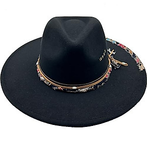 Wotfim Big Wide Brim Fedora Hat for Women Man Felt Panama Hat with Band Western Outdoor hat-Black
