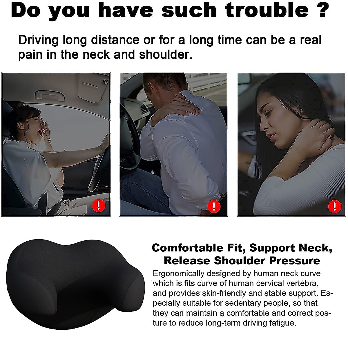 Car Seat Headrest Pillow, Ergonomic Design Memory Foam Neck Support Pillow Head, for Support to Our Necks, Shoulders, and Heads, for Sleeping and Resting in Home, Work, Car (Black)