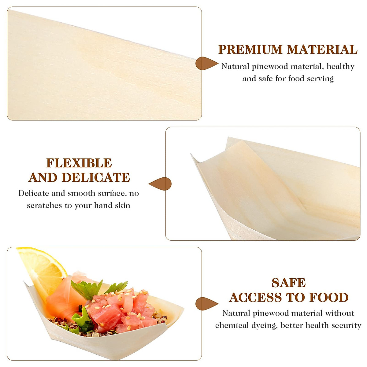 DOITOOL 100 Pack Disposable Wood Boat Plates Dishes, Appetizer Sushi Boats Wooden Boat Serving Tray for Restaurants, Caterers and Food Trucks (3.3L×2.3W×1.2H)