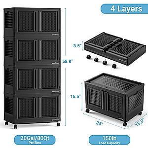 BROVIEW 320Qt Stackable Storage Bins with Lids, 80Gal Plastic Collapsible Storage Bins with Doors and Wheels, Closet Organizers and Storage, Black Folding Storage Cabinet for Home Garage, 4 Pack Cube