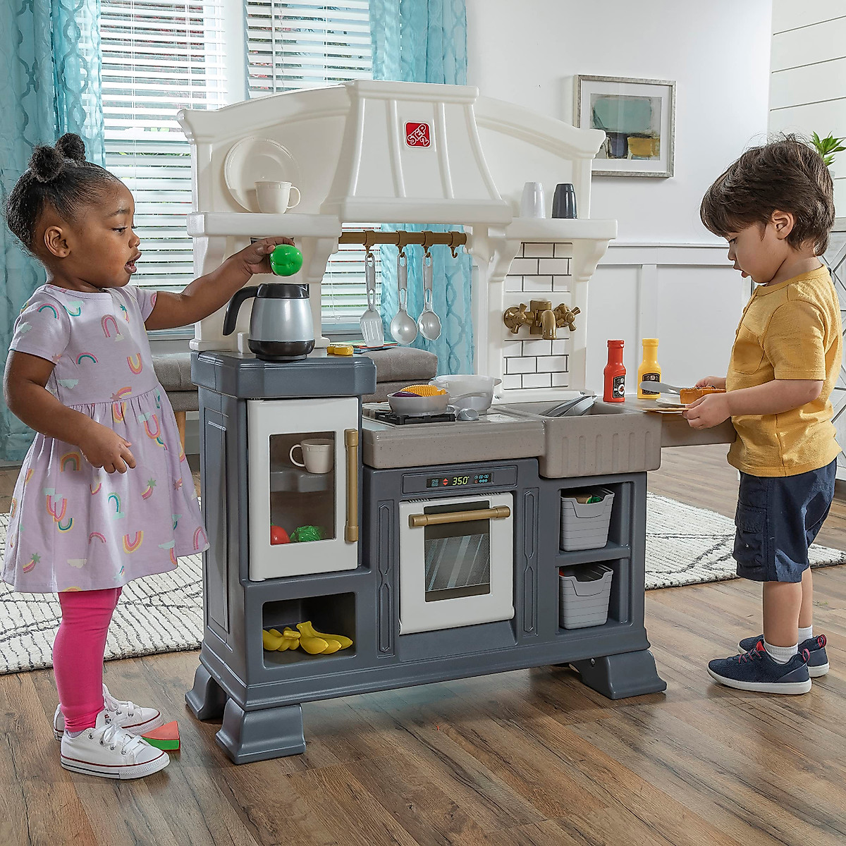 Step2 Gilded Gourmet Kitchen Playset for Kids, Indoor/Outdoor Play Kitchen Set, Toddlers 2+ Years Old, 20+ Piece Kitchen Toy Set, Easy to Assemble, White, Blue, Gray