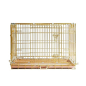 HOMEY PET Gold Dog Crate 36 Inch, Portable Folding Metal Wire Dog Kennel Pet Dog Cage with Removable Floor Grid, Pull Out Leak-Proof Pan, Double Doors, Handle for Medium Dogs, Indoor Outdoor Travel