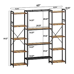 Iaocpio Triple Wide 5 Tiers Bookshelf with 6 Hooks, 13 Open Bookshelves for Bedroom, Living Room, Kitchen, Study and Home Office.