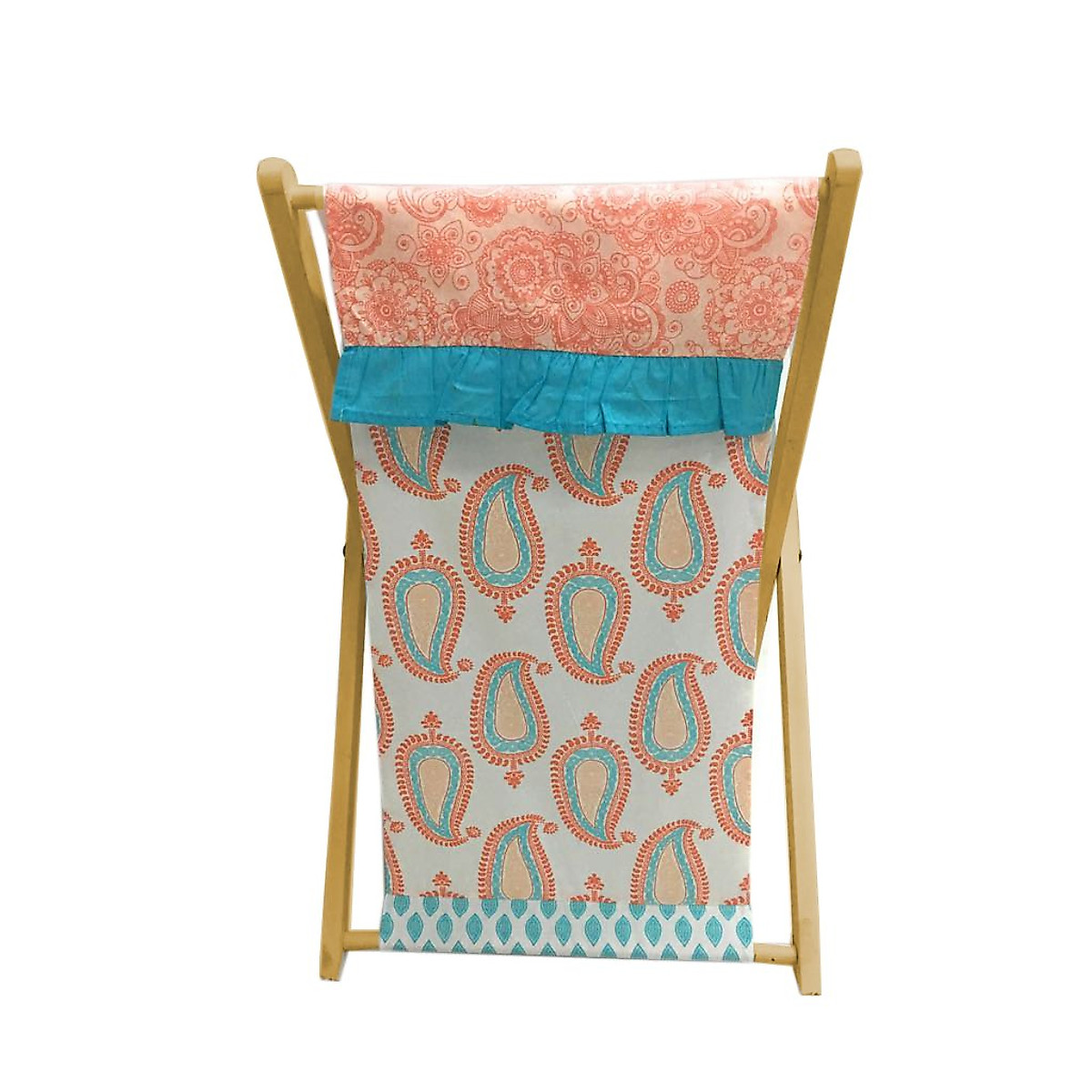 Bacati - Paisley Kids Storage (Laundary Hamper with Wooden Frame and Mesh Liner, Coral/Aqua)