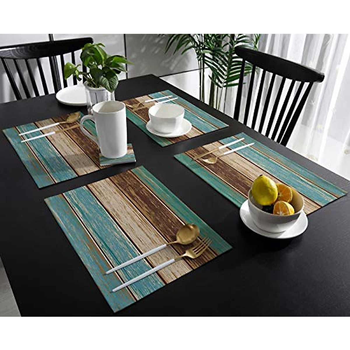 Vandarllin Placemats Set of 6, Retro Rustic Wood Texture Polyester Stain Resistant Table Mats Washable Placemat Decoration for Kitchen Dining Table Teal Green Brown