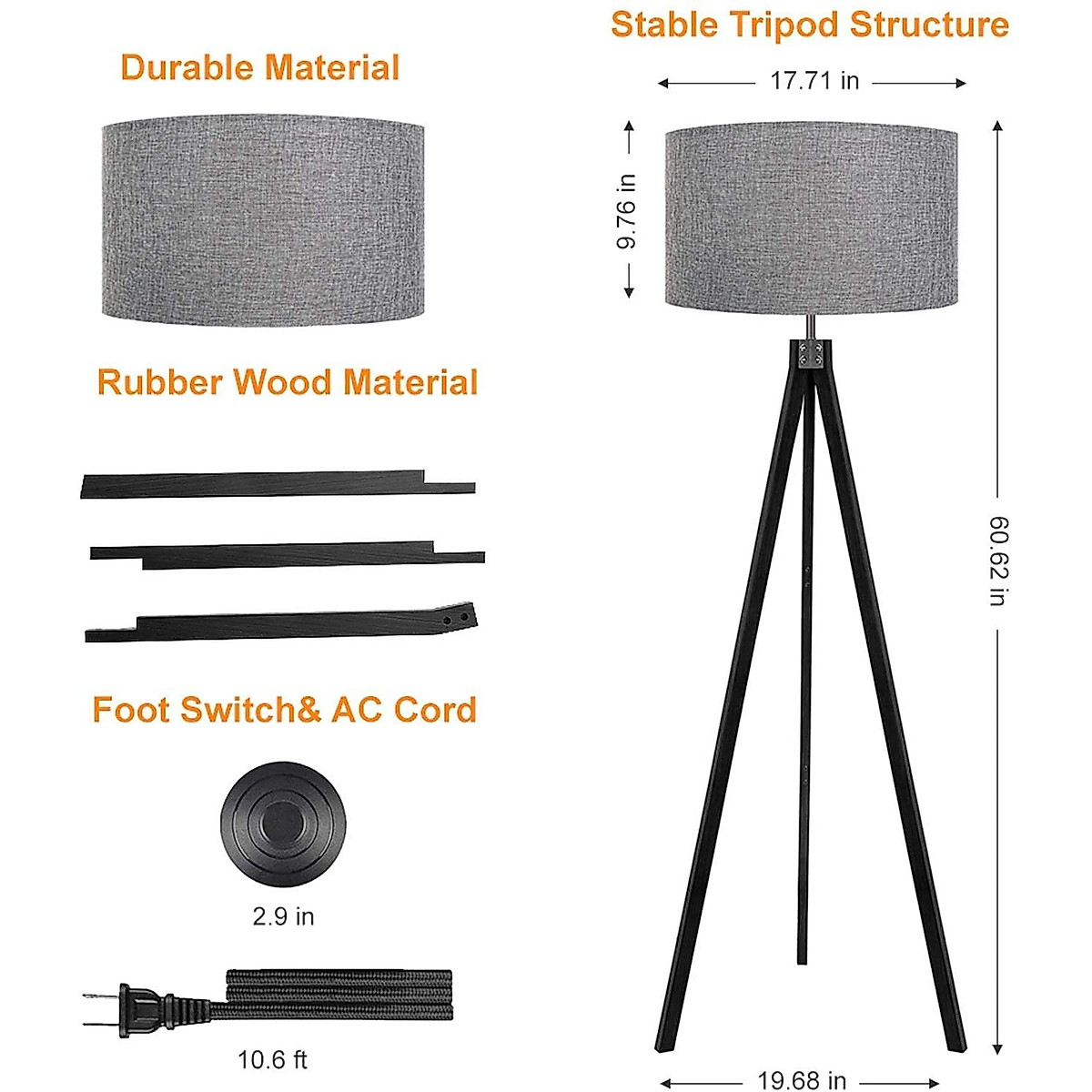 LEPOWER Wood Tripod Floor Lamp, Mid Century Standing Lamp, Modern Design Standing Lamp for Living Room, Bedroom, Study Room and Office, Flaxen Lamp Shade with E26 Lamp Base