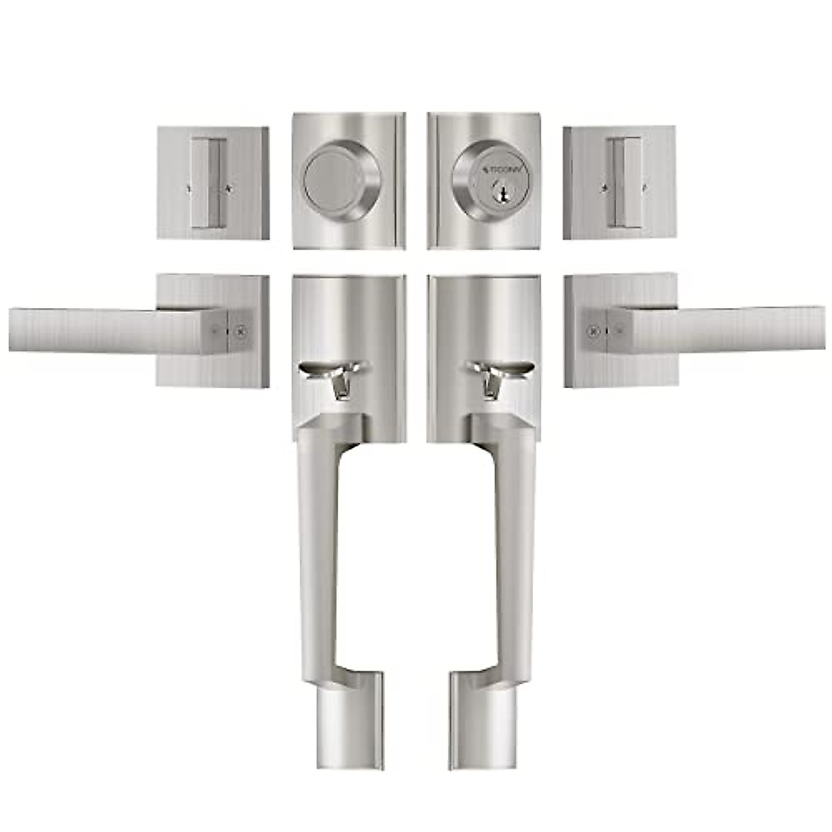 TICONN Double Front Door Handle Set, Heavy Duty Square Door Lever and Single Cylinder Deadbolt Combo for Side by Side Entrance Exterior Doors (Satin Nickel)