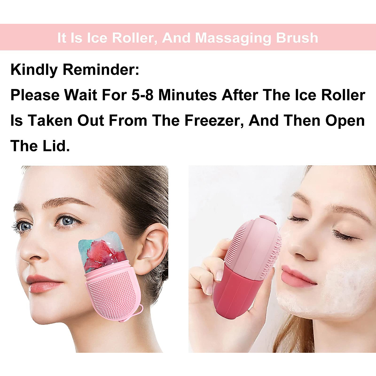 Reusable Cube Silicone Mold Ice Roller With Brush For Face Cold Therapy Facial Massage Roller (Pink)
