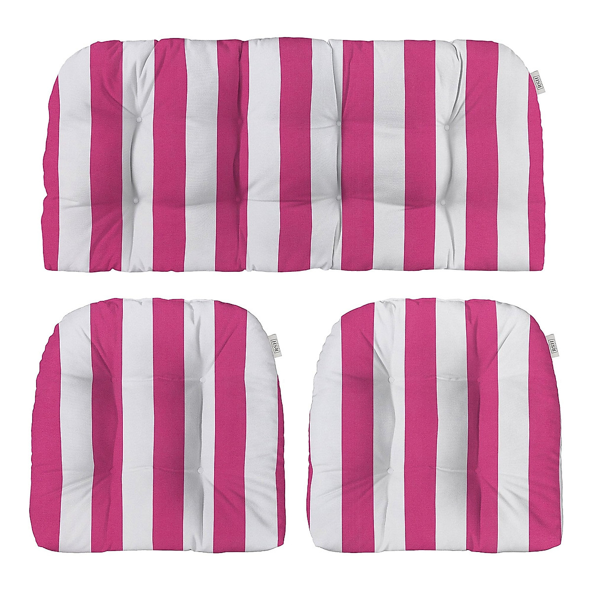 RSH DECOR: 3-Piece Wicker Tufted Cushion Set | 41” x 19" & 19" x 19" | All-Weather Spun Fabric | Water-Resistant | Outdoor Loveseat & U-Shape Cushions for Patio Furniture | Classic Pink Stripe