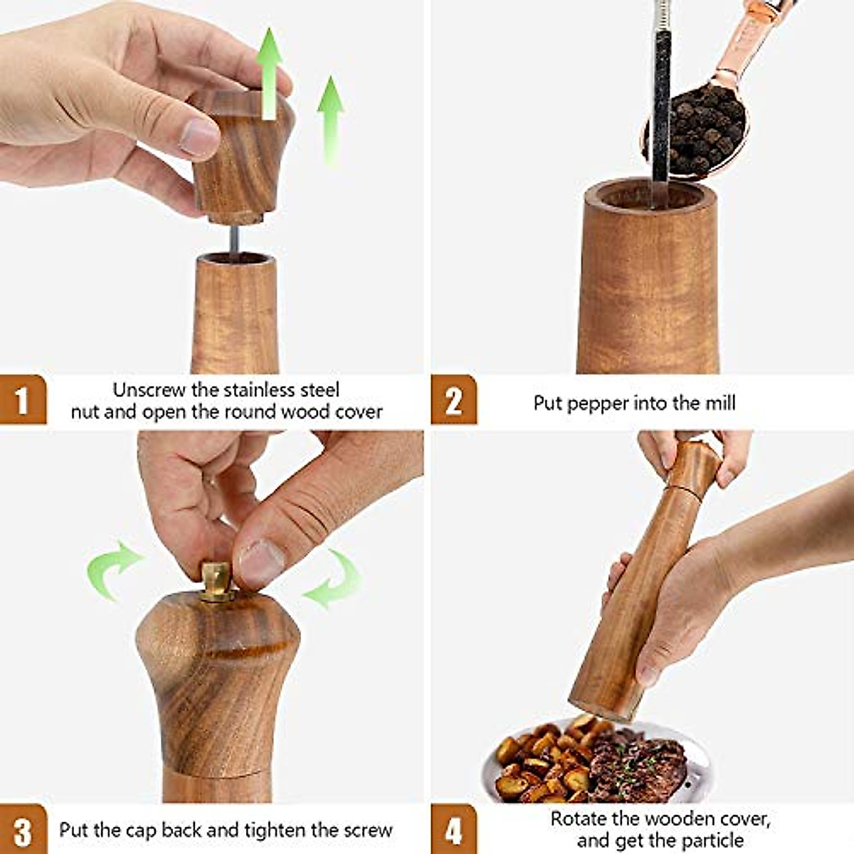 Wooden Salt and Pepper Grinder set, Acacia Wood salt and pepper grinders refillable,pepper mill with Adjustable Coarseness,salt and pepper grinders shaker Tableware Gifts 10" 2PC