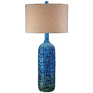 Possini Euro Design Mid Century Modern Style Table Lamp with Table Top Dimmer 36" Tall Teal Glaze Ceramic Tan Linen Drum Shade for Living Room Bedroom House Bedside Home Entryway (Colors May Vary)