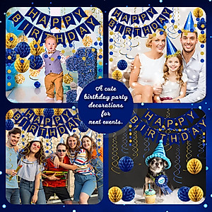 Navy Blue Birthday Decorations with Happy Birthday Banner, Paper Honeycomb Balls, Circle Garland and Hanging Swirl Decorations, Navy Blue Birthday Party Decorations, Birthday Decorations for Men