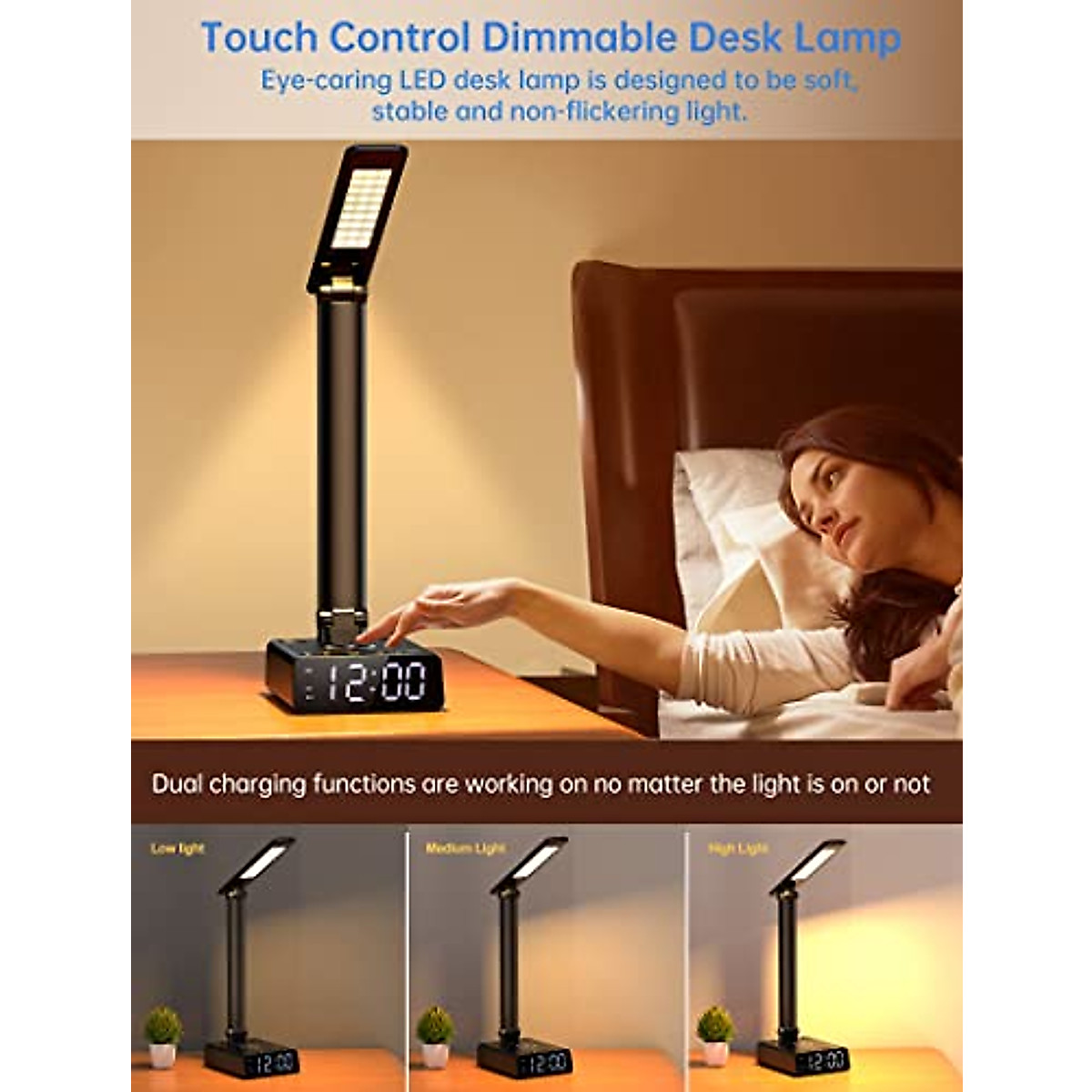 LED Desk Lamp with 15W Wireless Charger, 2 USB Charging Ports, 2 Outlets, 3 Brightness Levels, Alarm Clock, Dimmable Eye Caring Reading Desk Light for Home Office dorm, Touch Control Table Lamp, Black