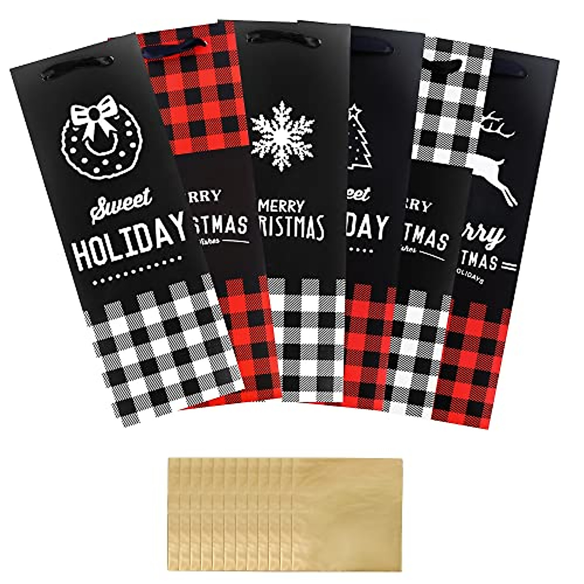 Lulu Home Christmas Bottle Gift Bags, Set of 12 Buffalo Plaid Wrapping Bags with Golden Tissue Paper, Xmas Bottle Gift Bags with Ribbon Handles, 13.9" x 4.7" x 3.9"