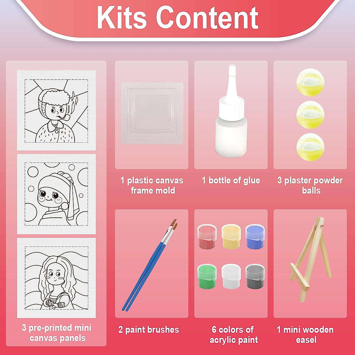 AUREUO Ceramic Mold Painting Kit for Kids - Little Artist - Arts & Crafts DIY Plaster to Paint, 3 Predrawn Mini Canvas & Easel, Acrylic Paint Set & Brush Toy Gift