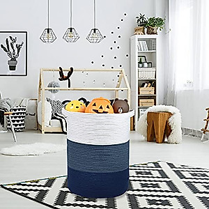 BOSROTY Extra Large Blanket Basket, Tall Laundry Basket, Laundry Hamper, Large Storage Basket, 15.7”x 21.7”,Cotton Rope Basket, Woven Basket, Toy Basket, Clothes Baskets, White&Cadet Blue&Navy Blue