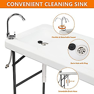 Outvita Fish Cleaning Table, Folding Portable Camping Table with Sink Stainless Steel Faucet Drainage Hose for Garden Patio Backyard BBQ White
