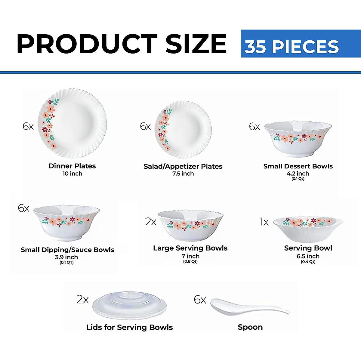 Borosil Gourmet Dinnerware Set For 6, 35 Pieces, White Dinner Plates and Bowls Sets, Chip Resistant Tempered Opal Glass, Stain Resistant, Dishwasher & Microwave Safe Dinner Set For Gifting, Serves 6