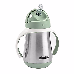 Beaba Stainless Steel Sippy Cup, Straw Sippy Cup with Handles, Toddler Sippy Cups, Baby Sippy Cup, Insulated Cup, Insulated Cup, 8+ mths, 8.5 oz, Sage
