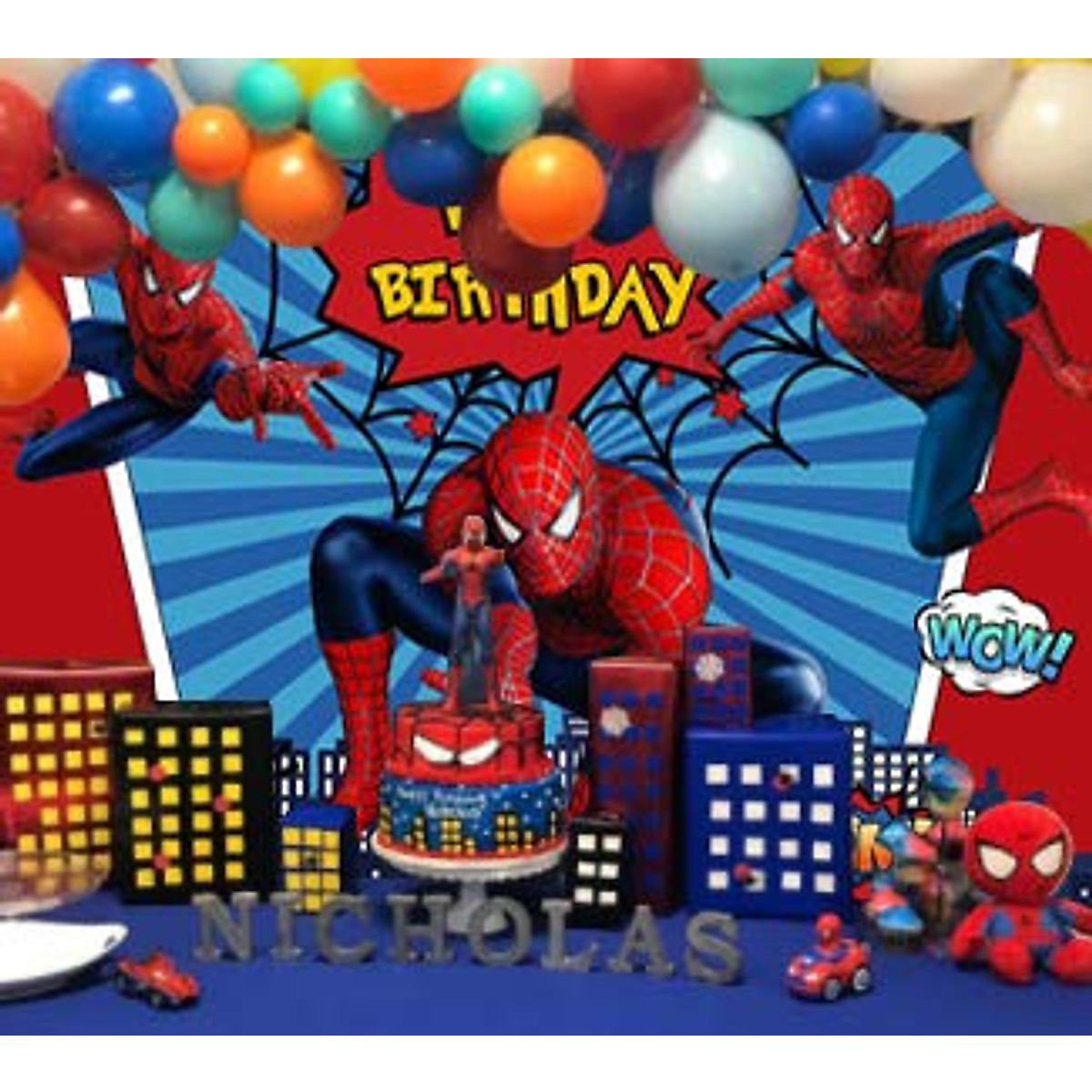 1Superhero City Theme Photography Backdrops Red Blue Stripe Spiderman Children Boys Happy Birthday Party Photo Background 5x3ft Newborn Baby Shower Banner Supplies Cake Dessert Table Decor Props Vinyl