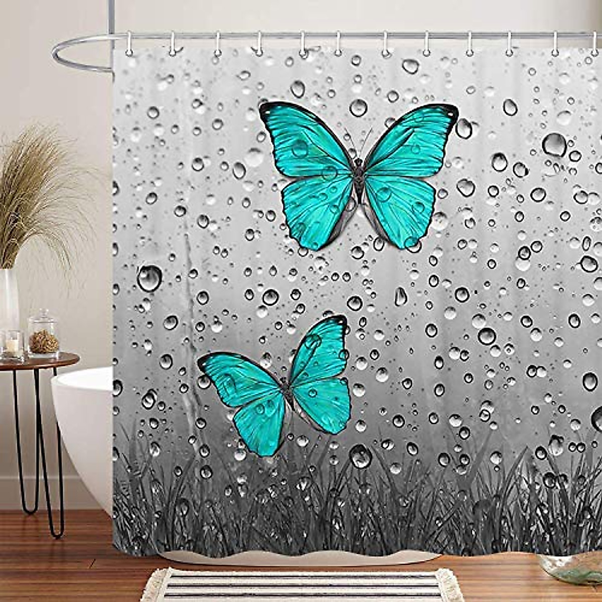 BBSET 4Pcs Shower Curtain Set Teal Butterfly Raindrop Rose Flower Non-Slip Pedestal Rug Toilet Lid Cover Bathroom Bath Mat Doormat Shower Curtain 70x70 inch with 12 Hooks Home Decor (Teal Butterfly)