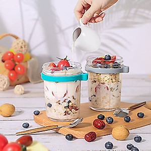 Overnight Oats Jars with Lid and Spoon Set of 2，10 oz Multiple Use Large Capacity Airtight Seal Oatmeal Container with Measurement Marks, Mason Jars with Lid, Grey and Turquoise