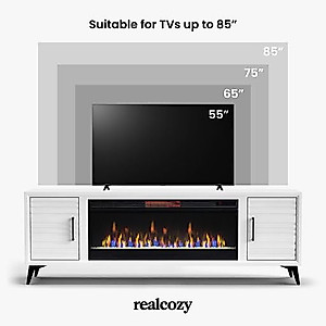 Realcozy Malibu Contemporary Fireplace TV Stand, 78 inches, Accommodates TVs up to 90 inches, Fully Assembled, Poplar Solid Wood, White Finish