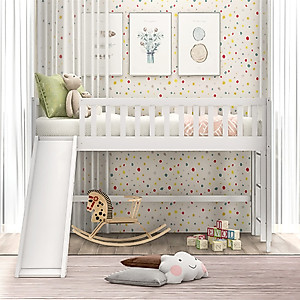 Harper & Bright Designs Twin Size Low Loft Bed with Slide, Wood Low Loft Bed for Kids, Girls, Boys (White)